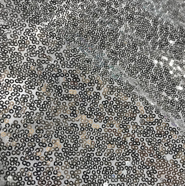 Silver on White - Sequin Spangle Sewn on Mesh Fabric – Prism Fabrics ...