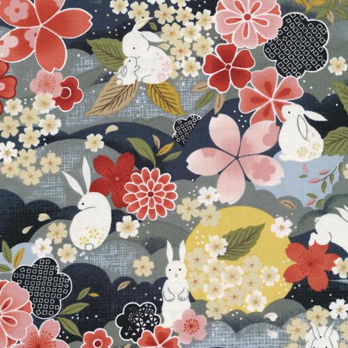 The Moon Rabbit Japanese Floral Night - Paintbrush Studio Cotton Fabri ...