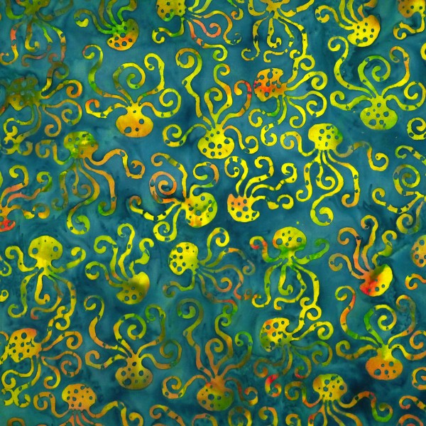 Coral Treasure - Riggs Teal/Yellow Octopus - Batik by Mirah Cotton Fab ...